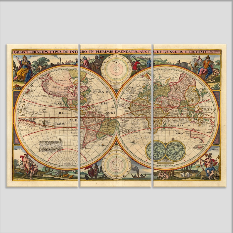 Vintage World Map Canvas Print, World Map Wall Art, Antique World Map ...