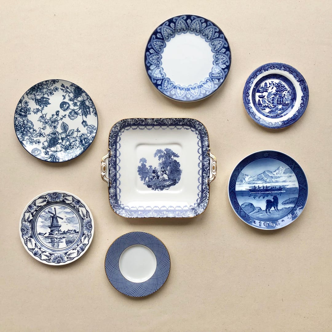 7 Blue and White Transferware Plates. Mismatched Salad Plates. Gallery ...
