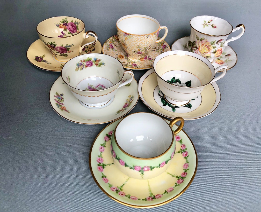 Mismatched Teacups and Saucers. 6 Assorted Tea Cups and Saucers. Shades ...