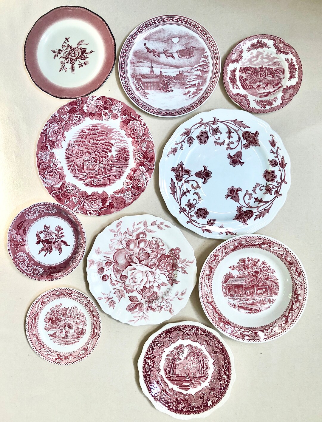 Mismatched Red / Pink Transferware Dishes. Set of 10 Vintage Dishes - Etsy