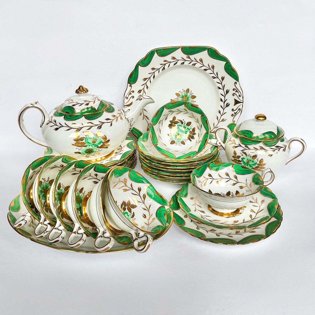RESERVED Royal Chelsea Tea Set, Green and Gold Bone China, 28 Piece ...