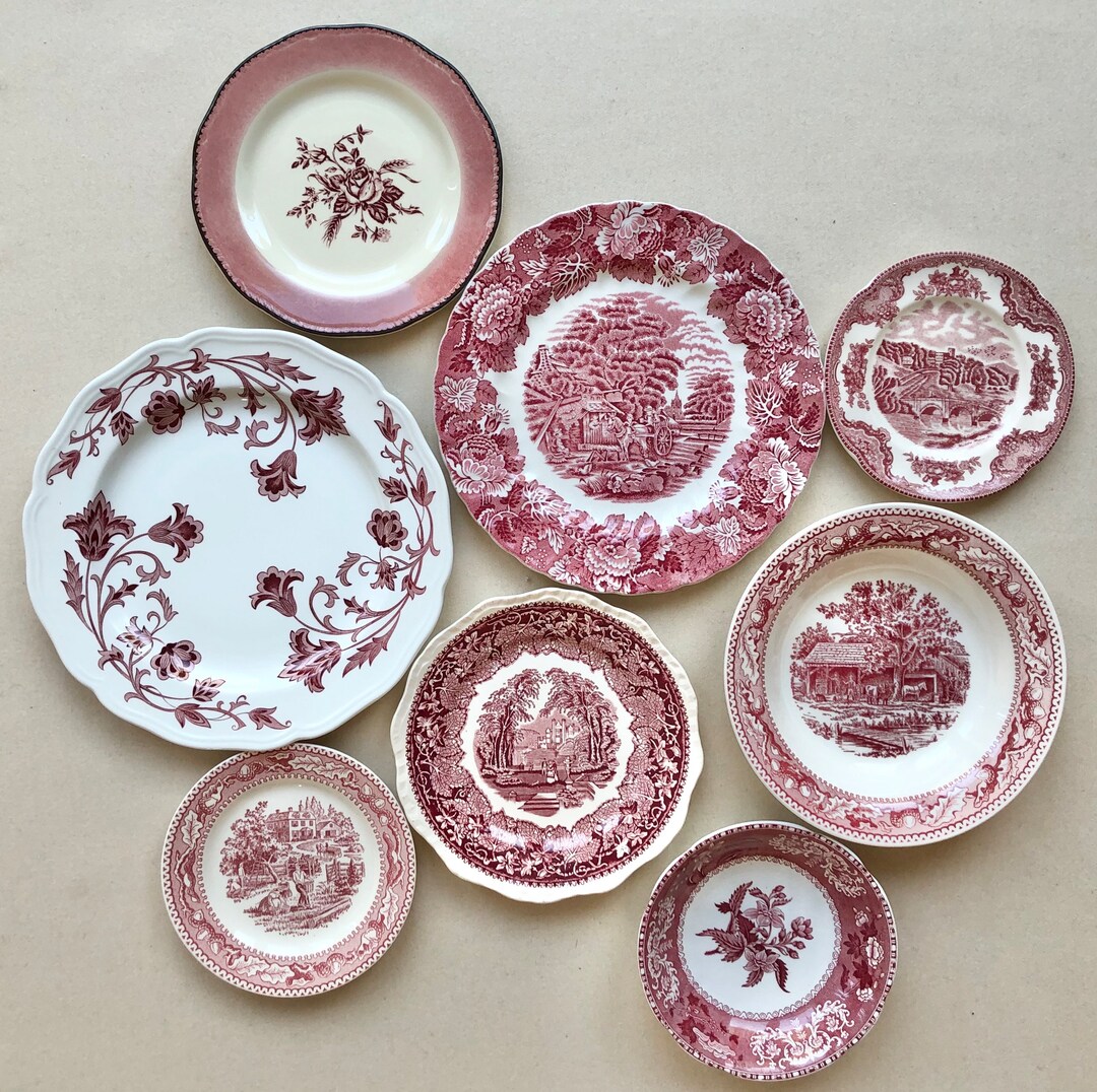 Mismatched Red / Pink Transferware Dishes. Set of 8 Vintage Dishes. Mix ...