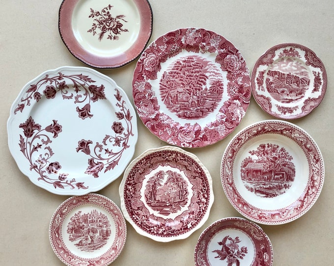 Mismatched Red / Pink Transferware Dishes. Set of 8 Vintage Dishes. Mix ...