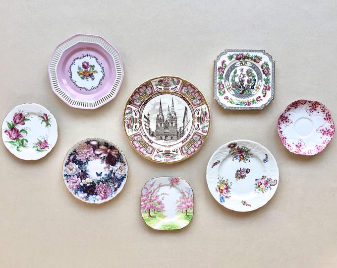 8 Gallery Wall Vintage Mismatched Bone China Plates. Soft Pastel Pink ...