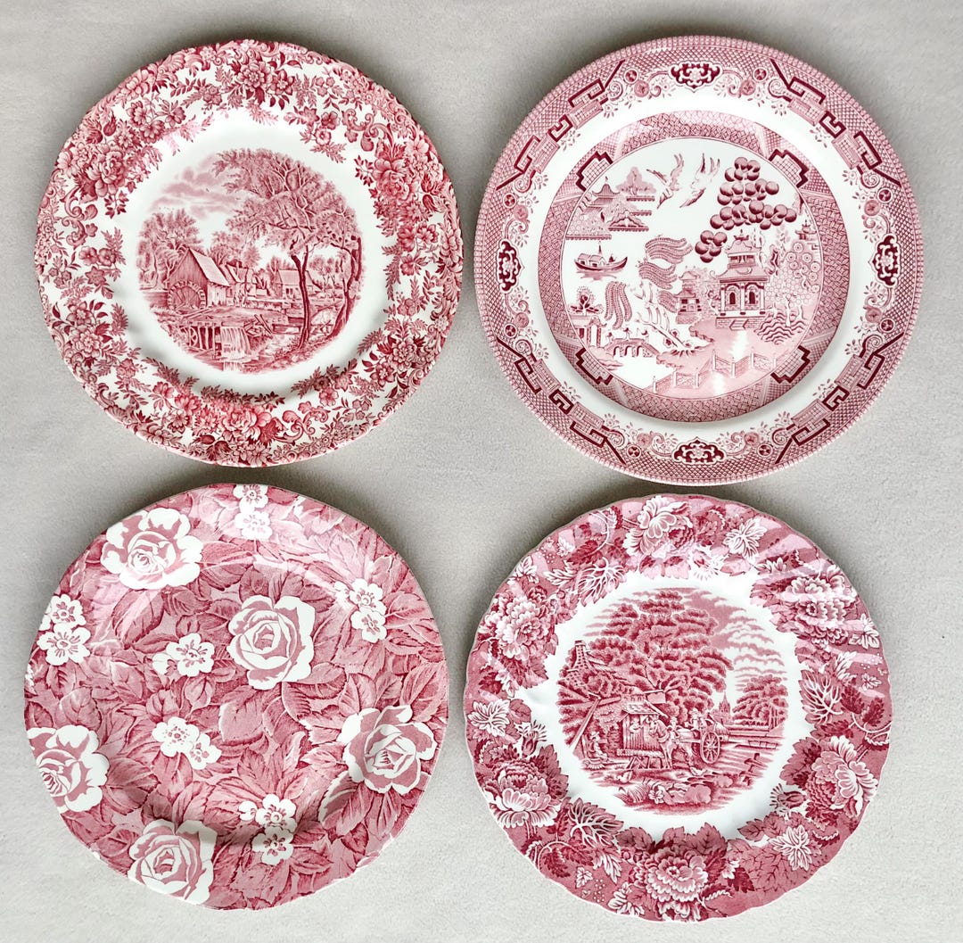 Vintage Set of 4 Red / Pink Ironstone Transferware Dinner Plates ...