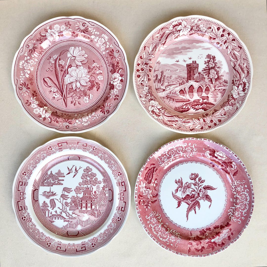 Vintage Set of 4 Red / Pink Spode Transferware Dinner Plates ...