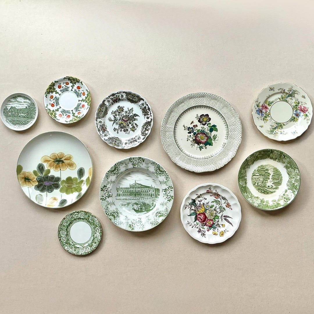 Vintage Green Plate Wall Collection, Green Mismatched Plates, Farmhouse ...