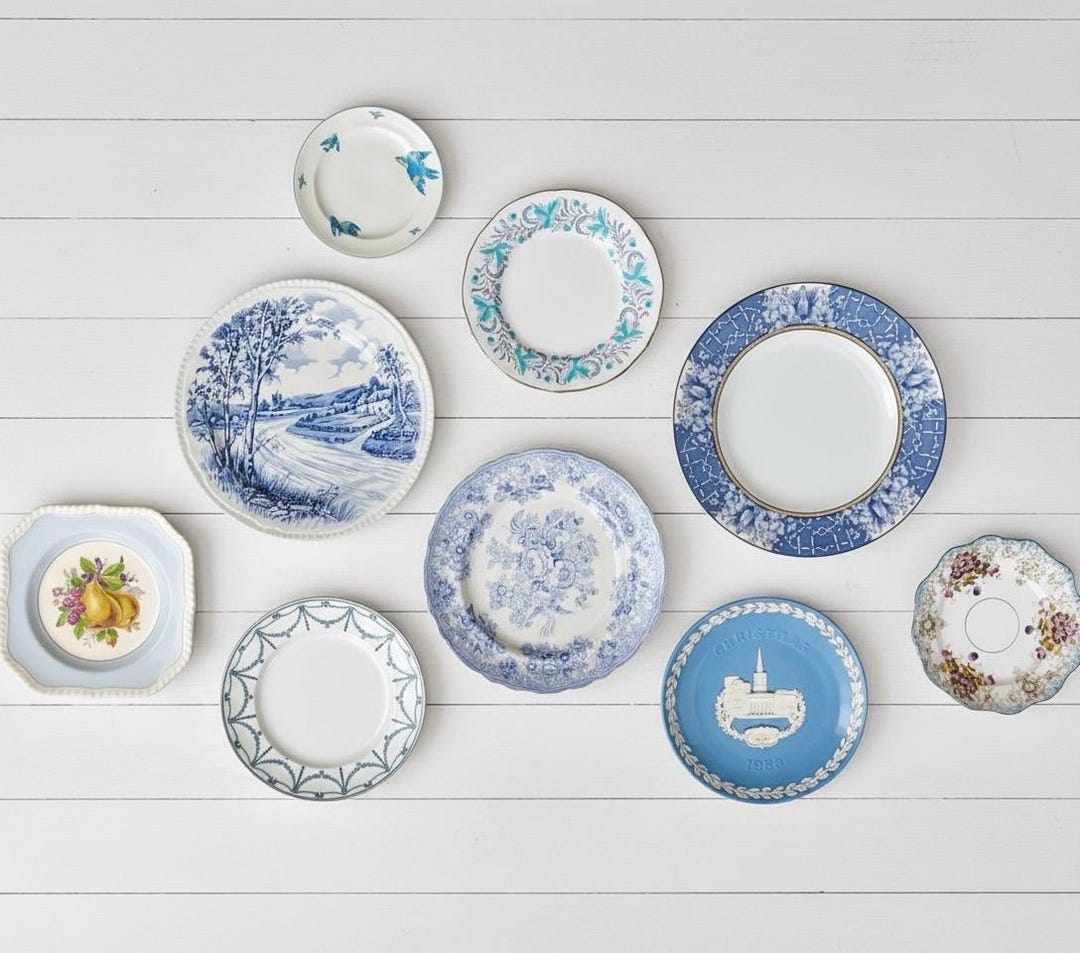 Blue China Plate Gallery Wall Set: 6 Vintage Eclectic Plates - Etsy