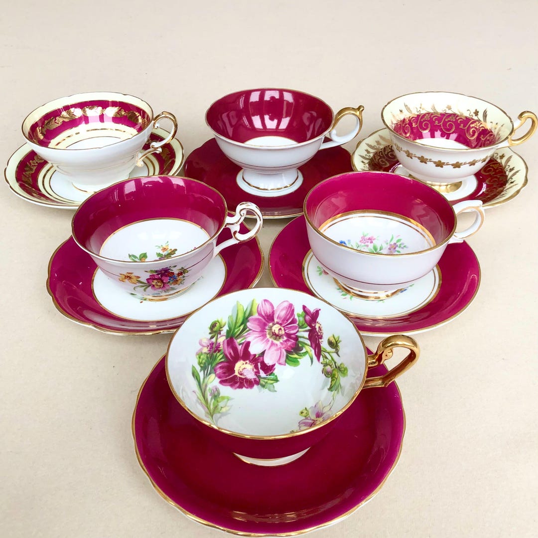 Maroon / Burgundy Tea Cups and Saucers. Tea Party, Christmas Tea. 6 Tea ...