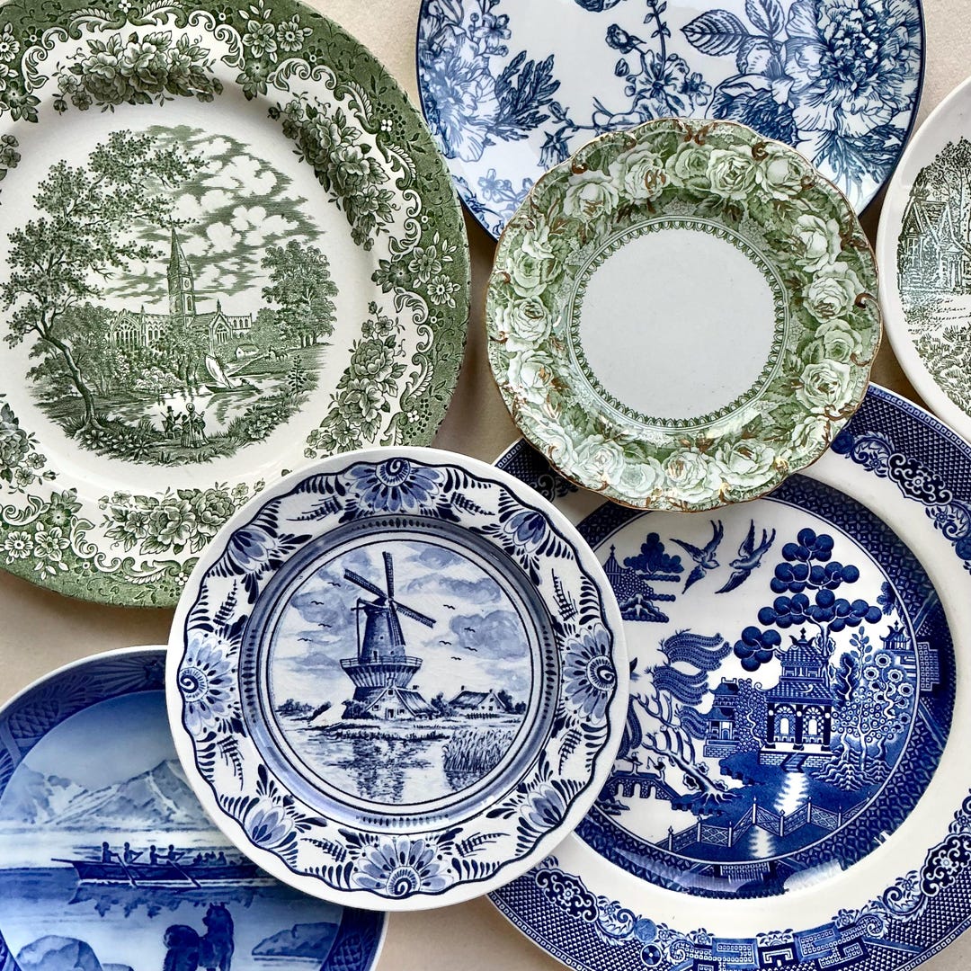 Blue / Green and White Transferware Plates: Mismatched Gallery Wall ...