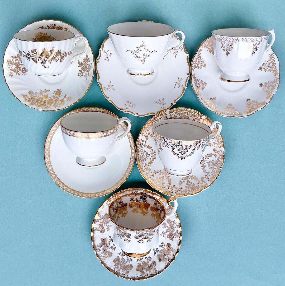 Mismatched Tea Cups and Saucers. Gold Chintz Teacups. Garden Tea Party ...