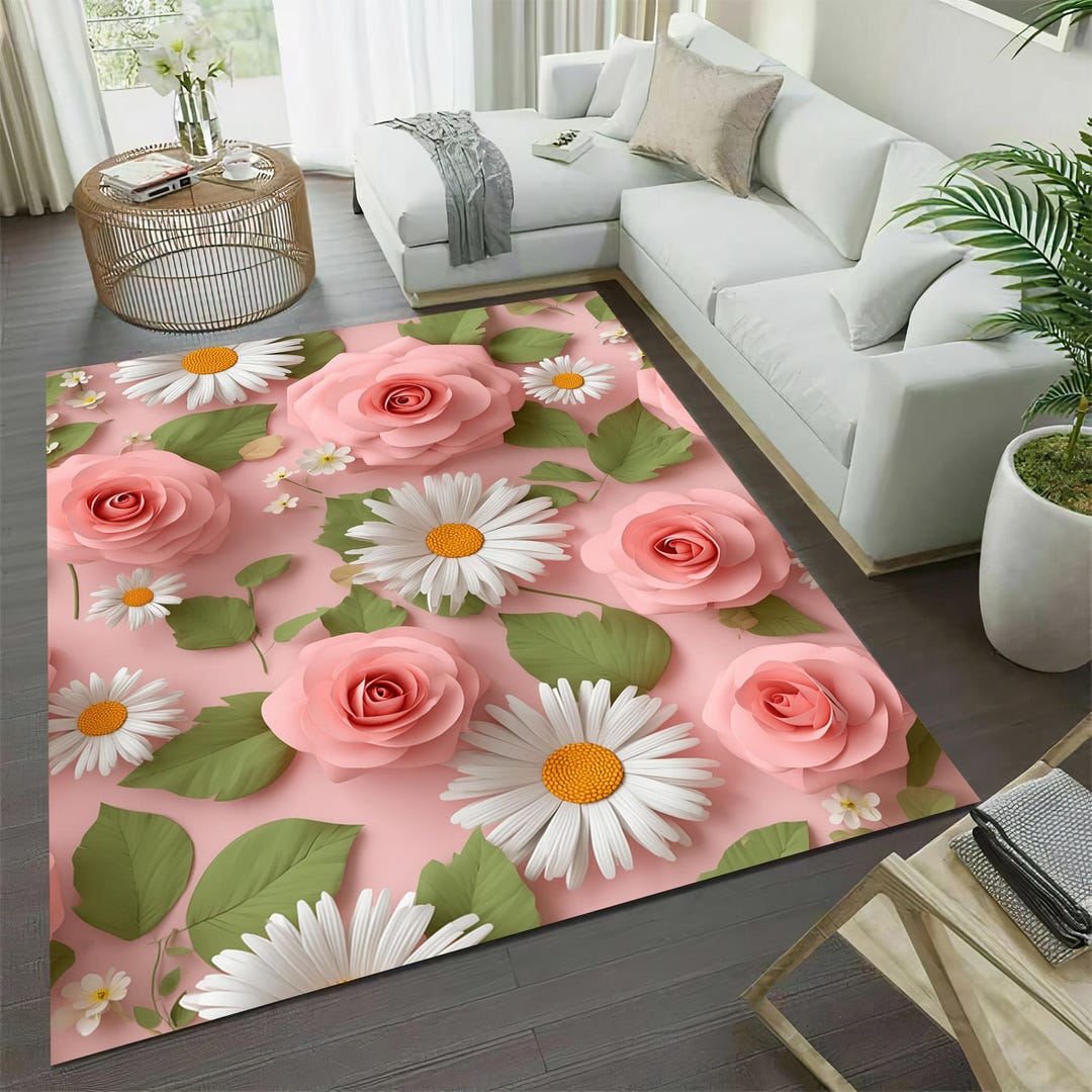 Pink Roses Rug, White Daisies Rug, Roses and Daisy Art Rug, Roses Gift ...