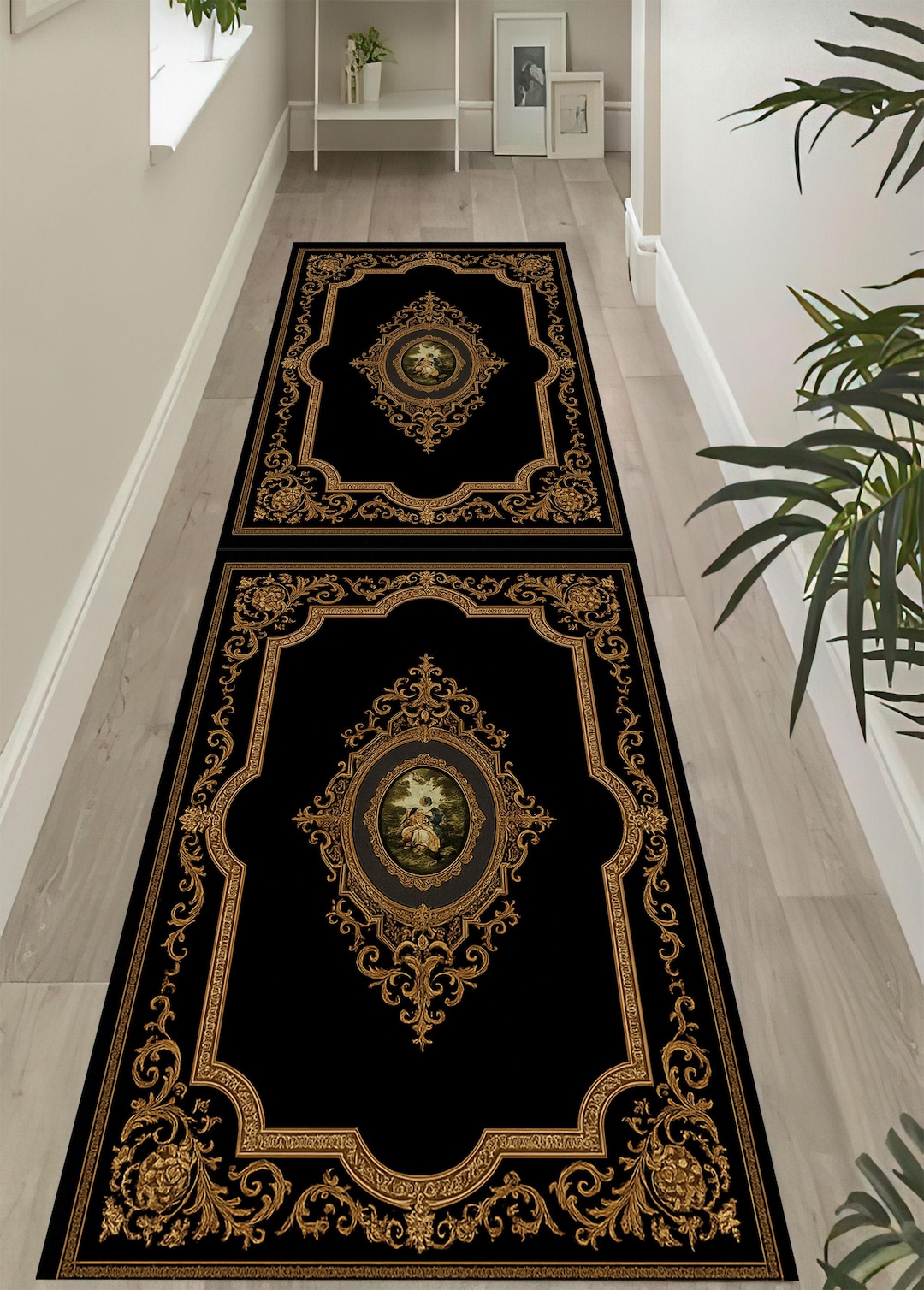 Baroque Style Runner Rug, Black and Gold Elegant Rug, Vintage Palace ...