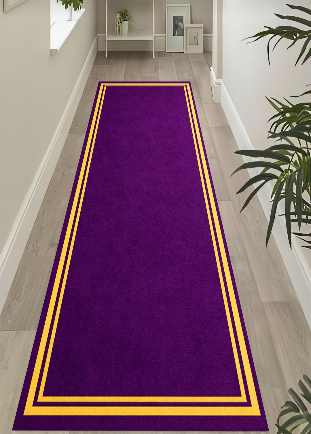 Royal Purple Runner Rug: Gold Border, Minimalist Velvet Style Hallway ...