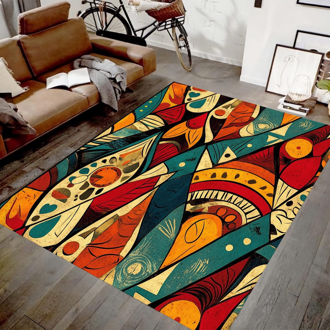 Red Orange Blue White Rug,geometric Red Orange Rug,red Orange Carpet ...