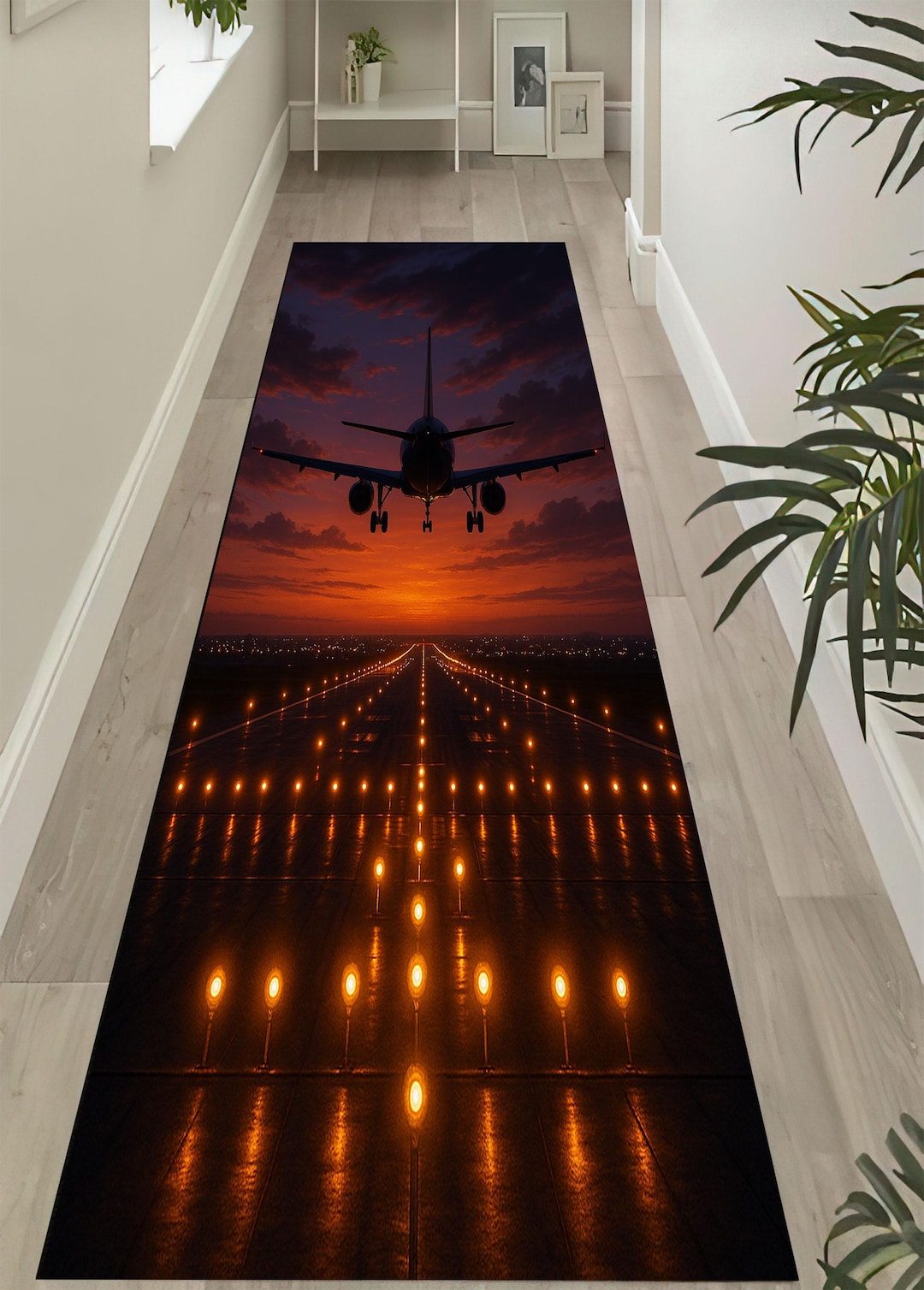Airplane Runway Rug: Sunset Landing Carpet, Glowing Lights Path, Pilot ...