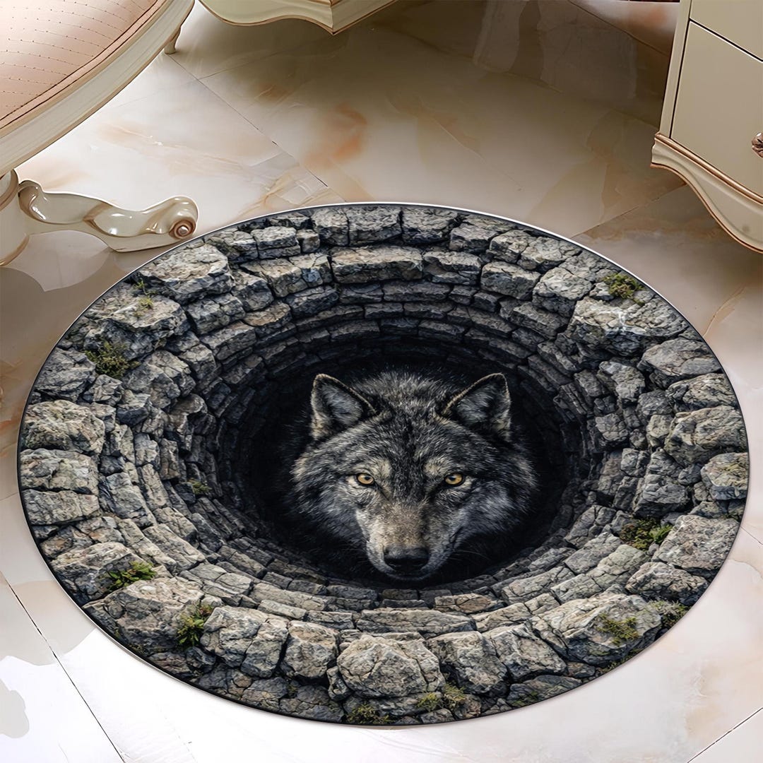 Wolf Abyss Round Rug: Stone Well Illusion Carpet, 3D Depth Texture ...