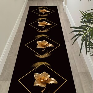 Gold Floral Black Runner Rug: Anti-slip Entryway Hallway Rug - Etsy