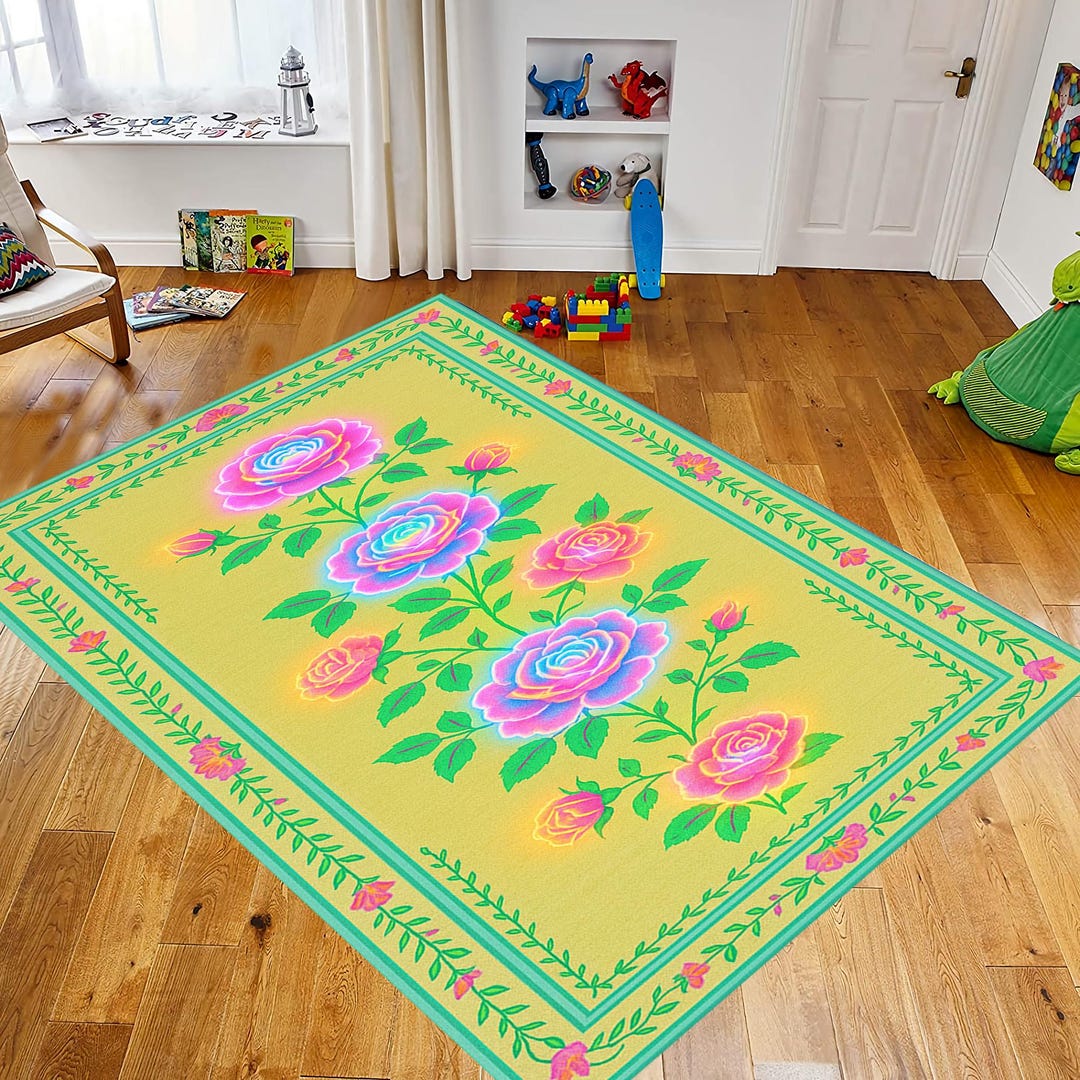 Floral Rose Pattern Rug: Green, Pink, & Neon Accent Home Decor - Etsy