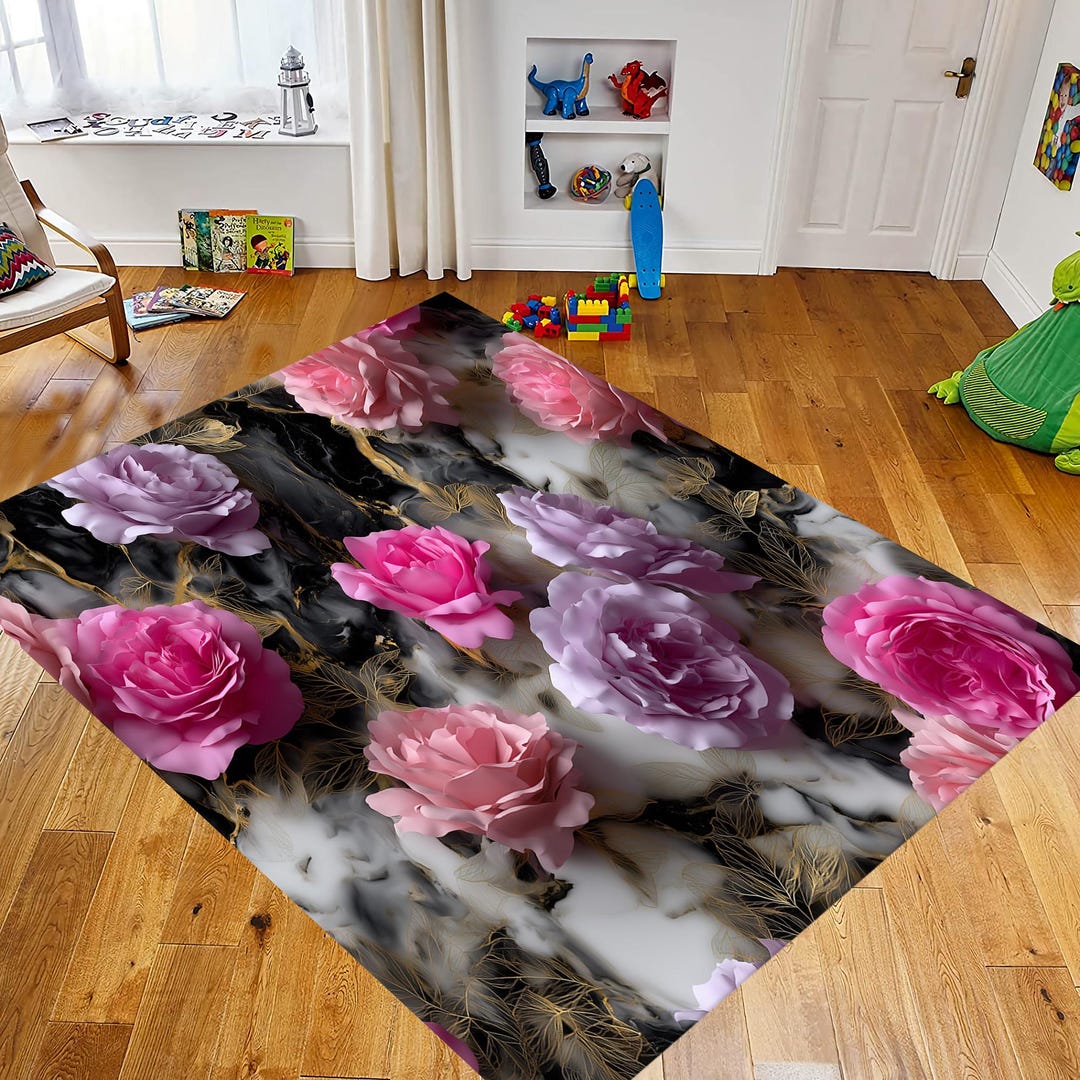 Marble and Roses Rug,pink Purple Roses Rug,pink Roses Rug,purple Rose ...