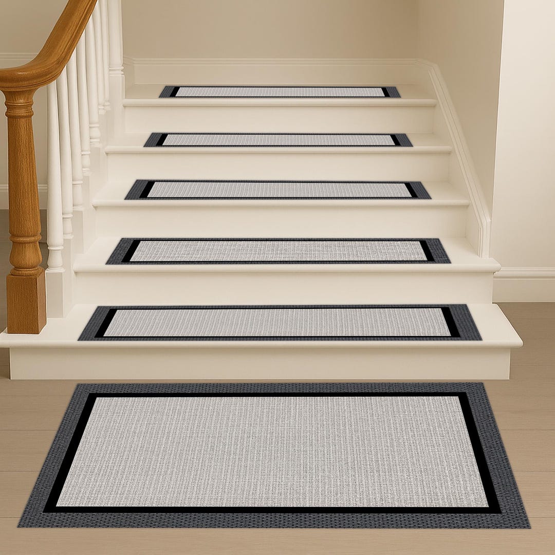 Minimal Linen Stair Runner Rug: Neutral Border Carpet, Modern Texture ...