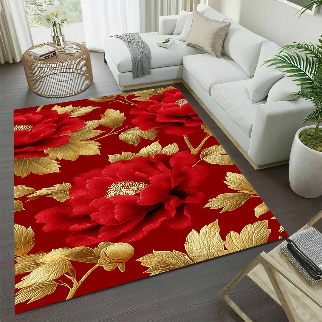 Red Roses Rug: Washable Anti-slip Gold Floral Art Rug - Etsy