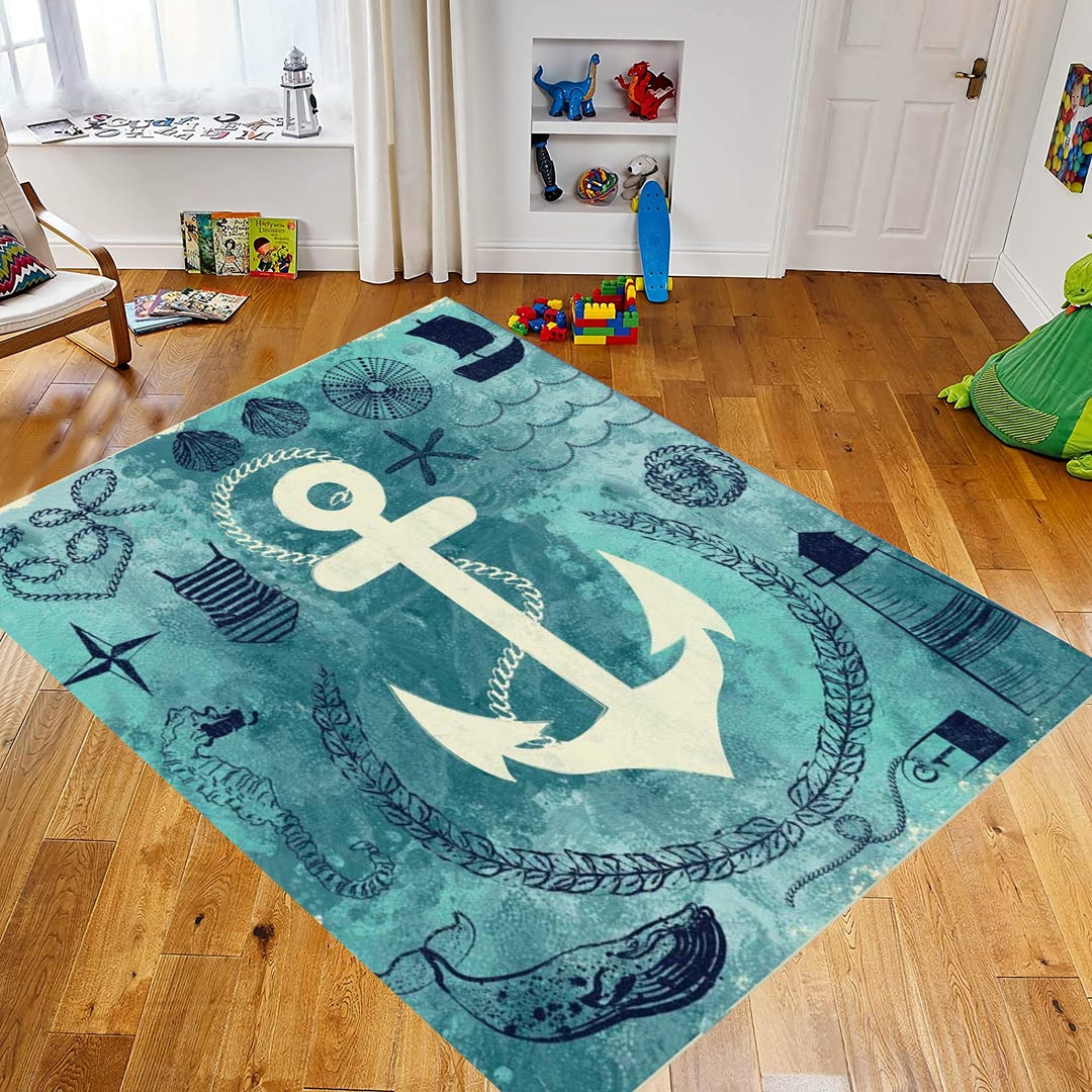 Anchor, Blue White Anchor Rug, Ship Anchor Rug, Sailor Rug, Anchor ...