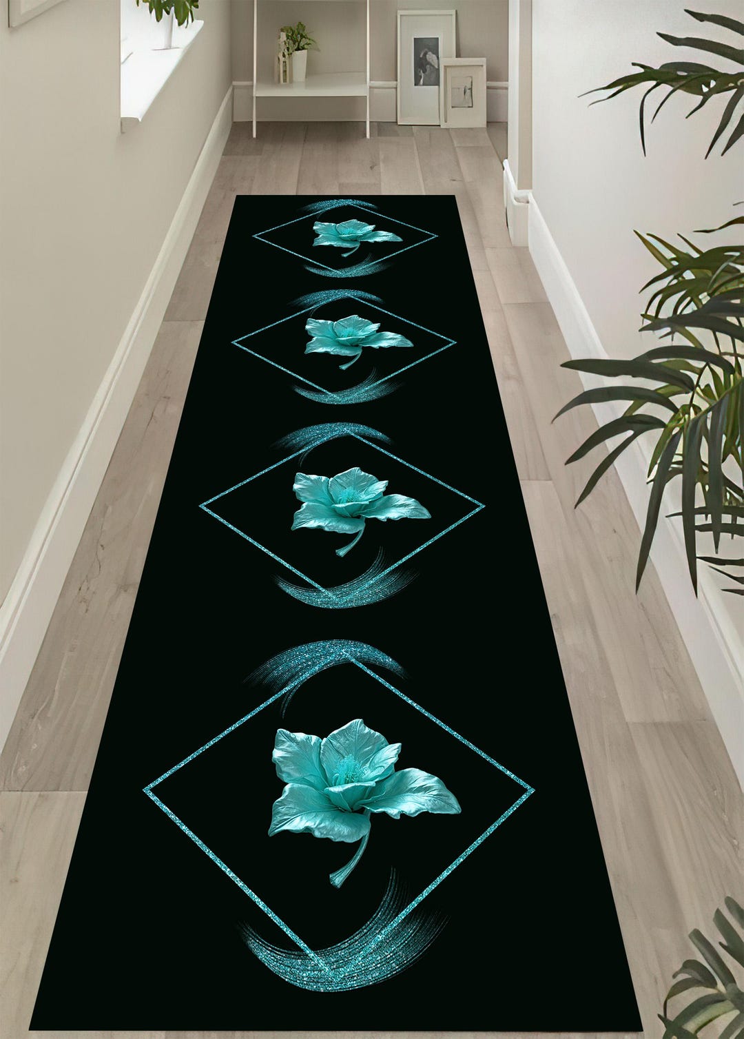 Turquoise Black Runner,turquoise Black Rug,turquoise Black Long Rug ...