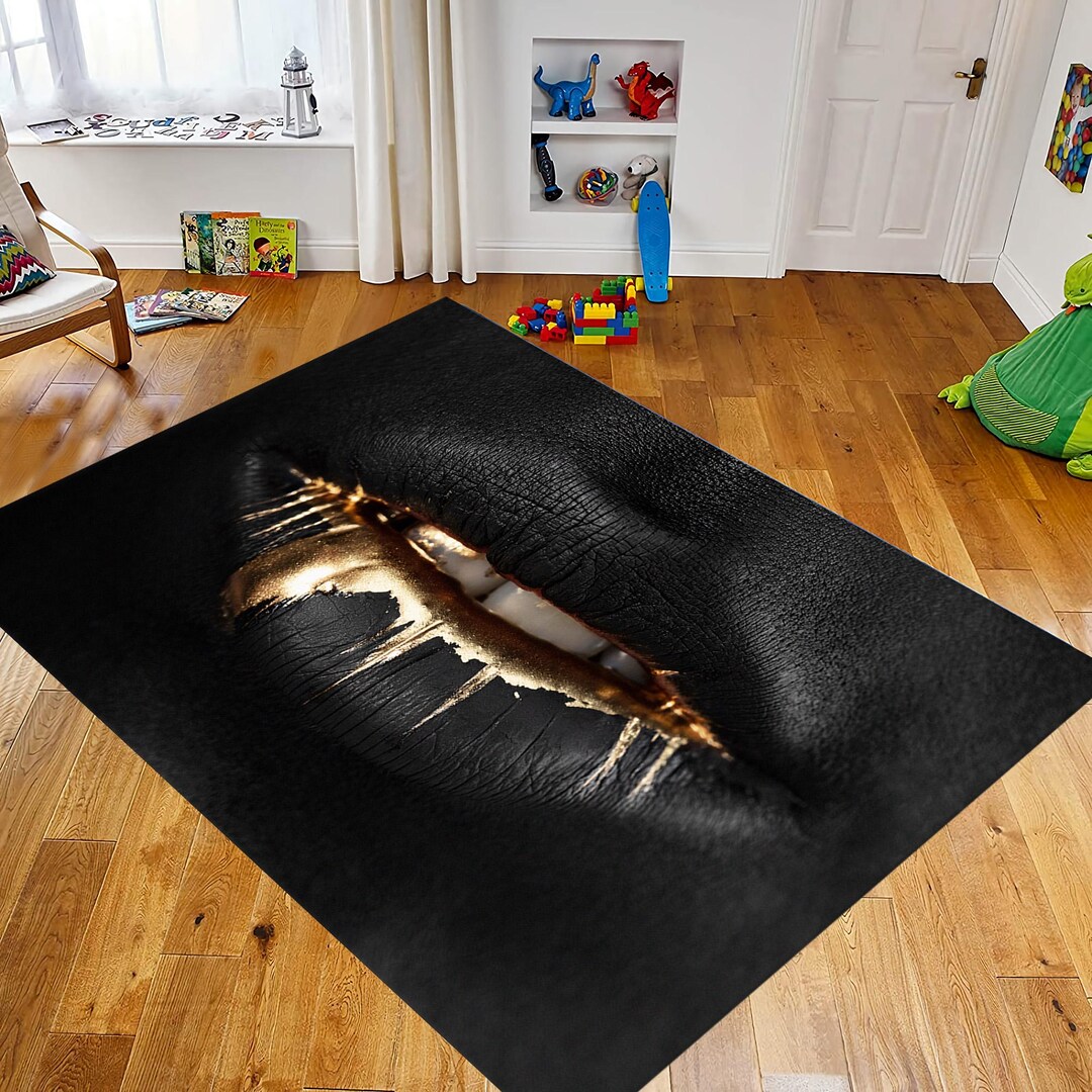 Black Gold Rug, Gold Dripping Lips Rug, Golden Lips Rug, 3D Lips Area ...