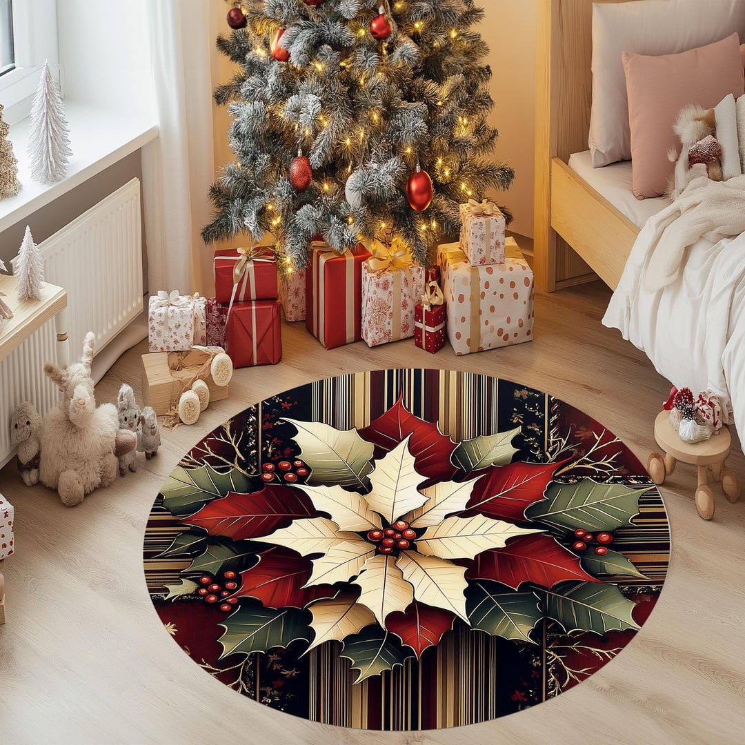 White Poinsettia Round Rug, White Poinsettia Flower Rug,christmas White ...