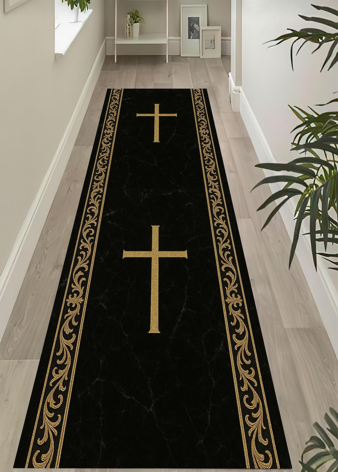 Gothic Cross Rug: Black Gold Marble Carpet, Elegant Religious Runner ...