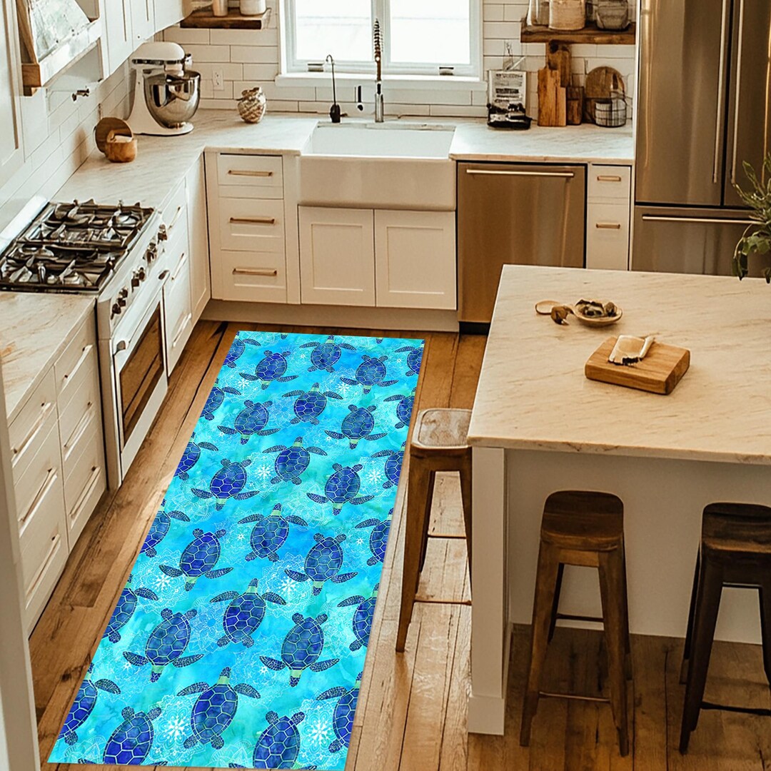 Blue Turtle Runner Rug: 3D Digital Print, Cotton Woven Base - Etsy