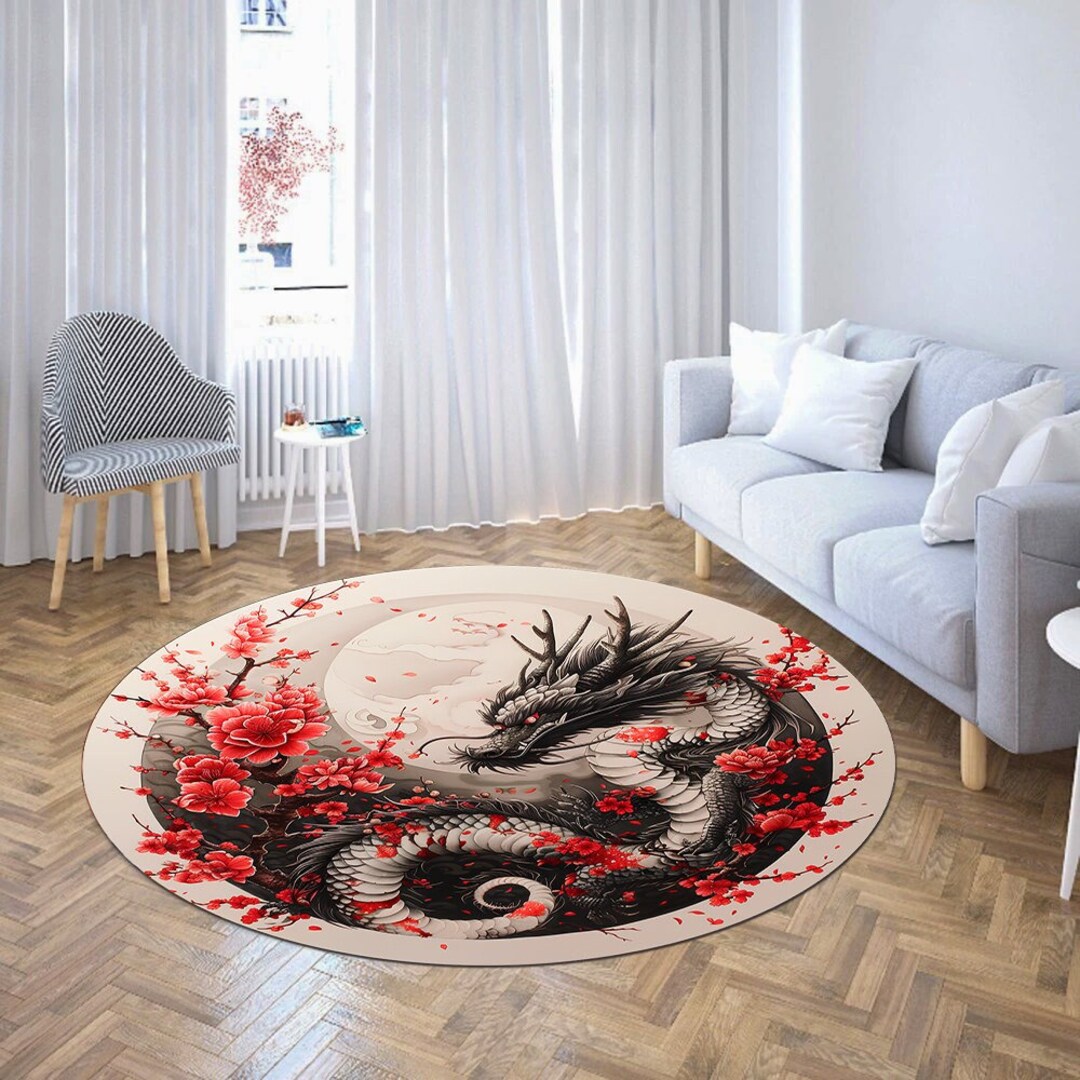Round Dragon Rug,black and Red Dragon Rug,area Rug,dragon Rugs,modern ...