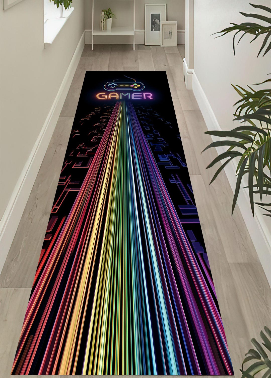 Neon Gamer Rug: Rainbow Light Trails Carpet, Black Cyber Grid Design ...
