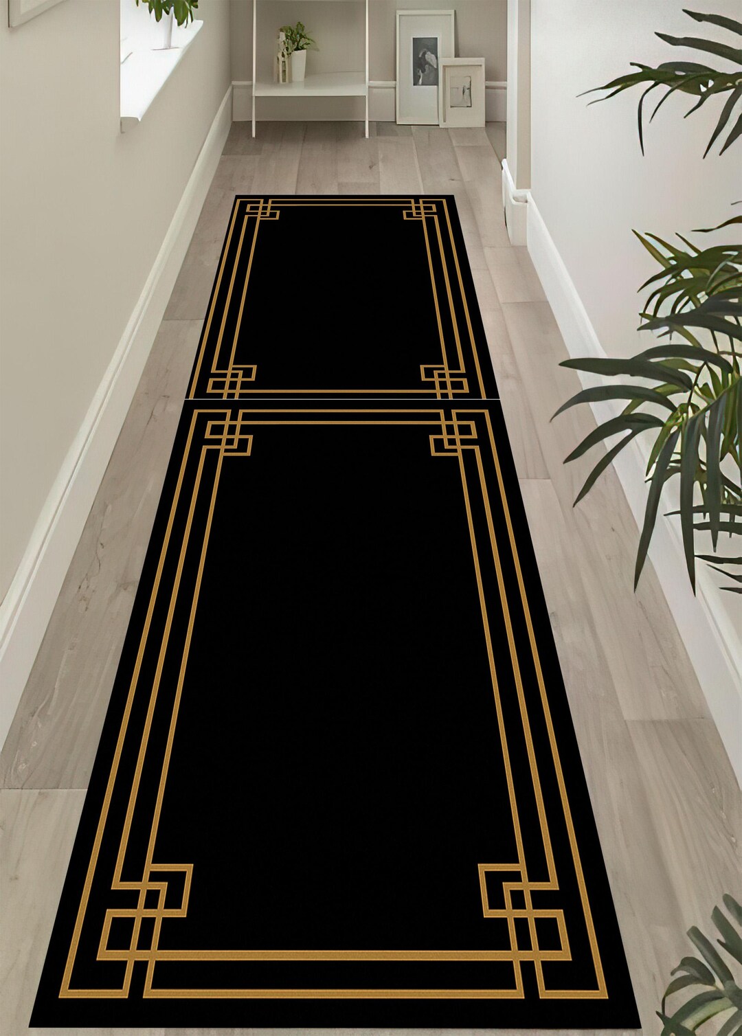 Black and Gold Runner Rug, Modern Hallway Carpet, Minimalist Art Deco ...