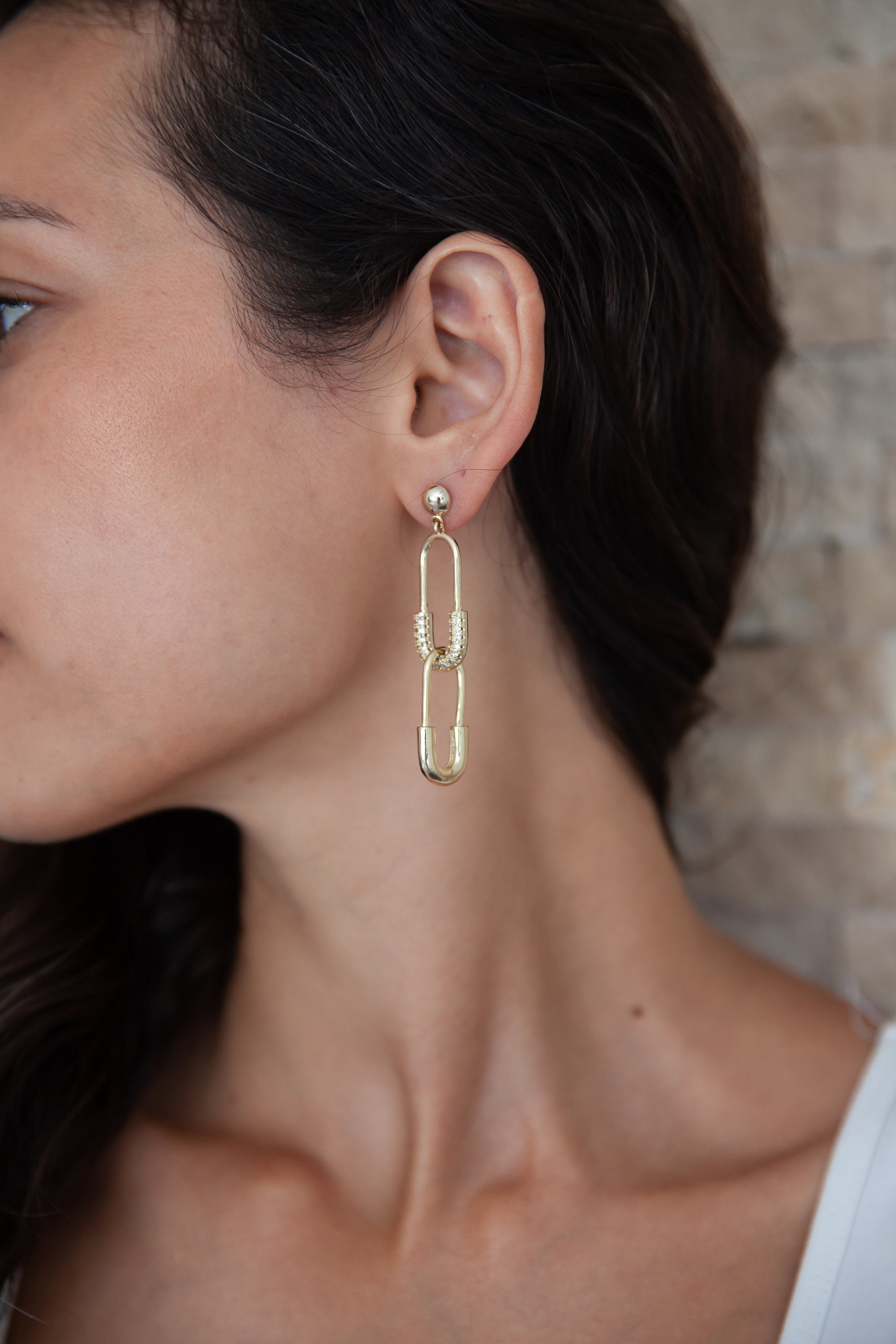 Double Safety Pin Pave Gold Plated Earring - Etsy