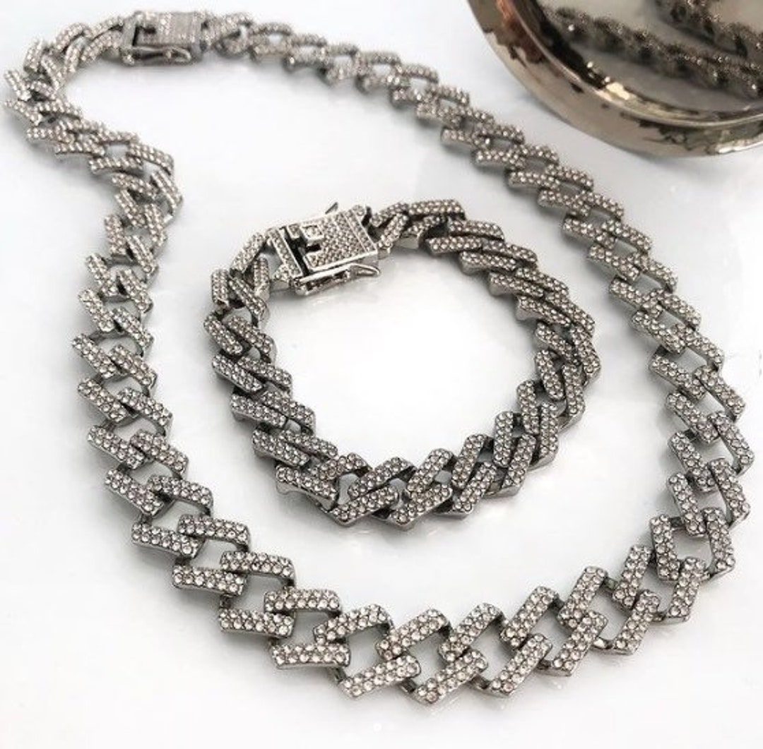Cuban Link Chain Iced Out Pave Necklace and Bracelet Set - Etsy