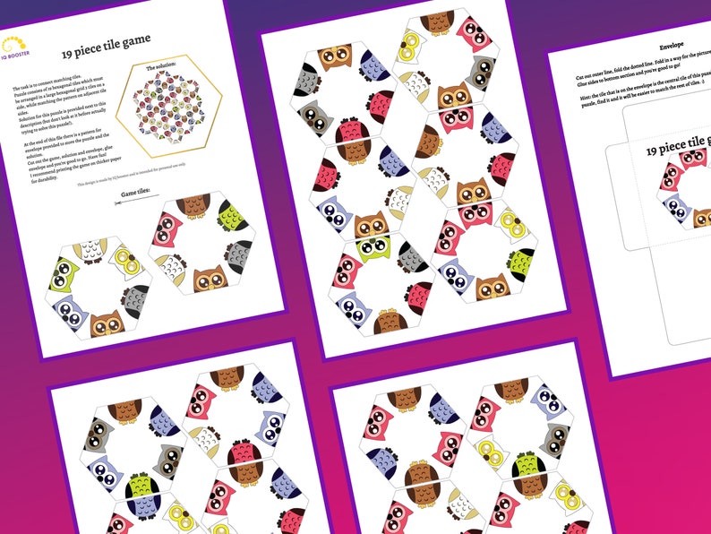 Printable Hexagon 19 Tile Puzzle Game With Owls, Printable Game for ...