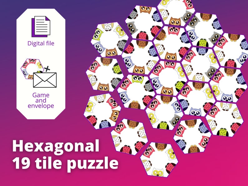Printable Hexagon 19 Tile Puzzle Game With Owls, Printable Game for ...