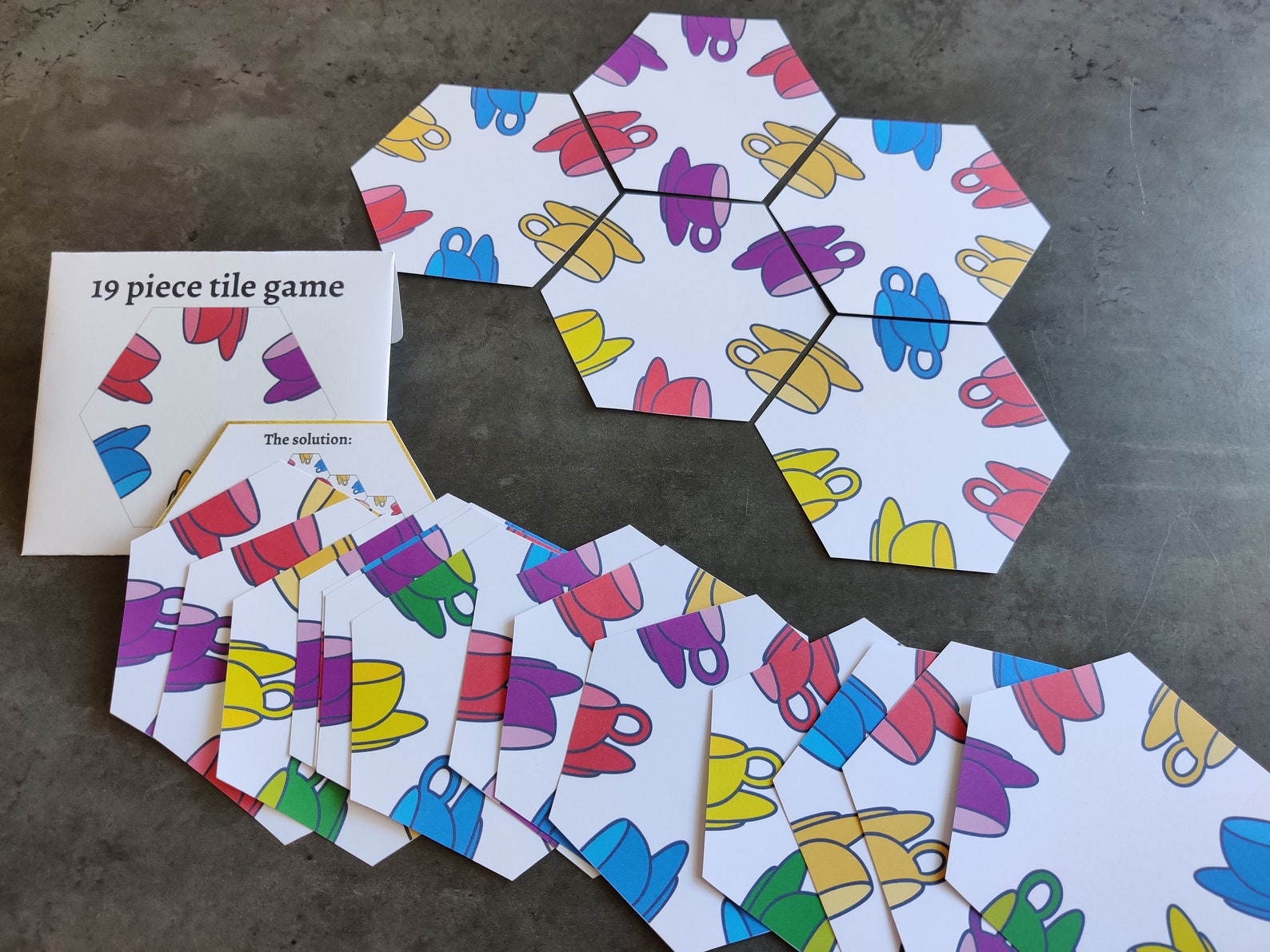 Printable Hexagon 19 Tile Puzzle Game With Cup Pattern, Printable Game ...