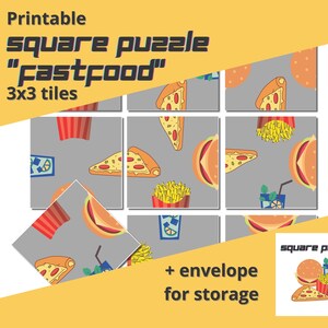 Printable Party Game | Fast Food Puzzle 3x3 | Food Themed Finding ...