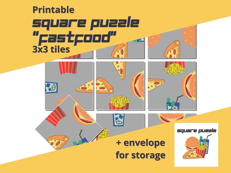 Printable Party Game | Fast Food Puzzle 3x3 | Food Themed Finding ...