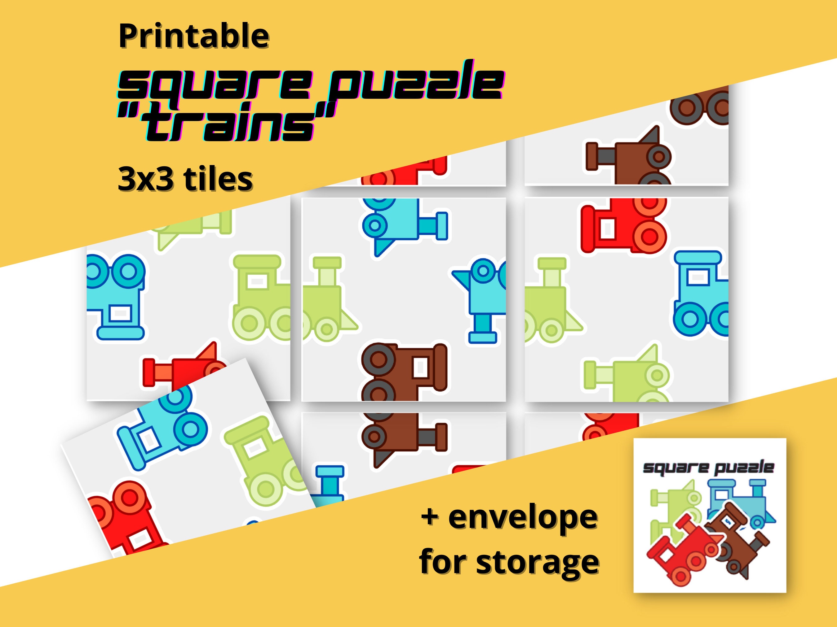 Printable Puzzle 3x3 | Fun Squares Trains | PDF Instant Download With ...