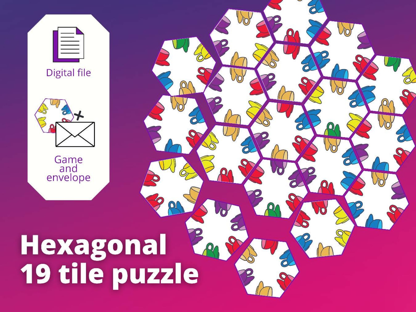 Printable Hexagon 19 Tile Puzzle Game With Cup Pattern, Printable Game ...