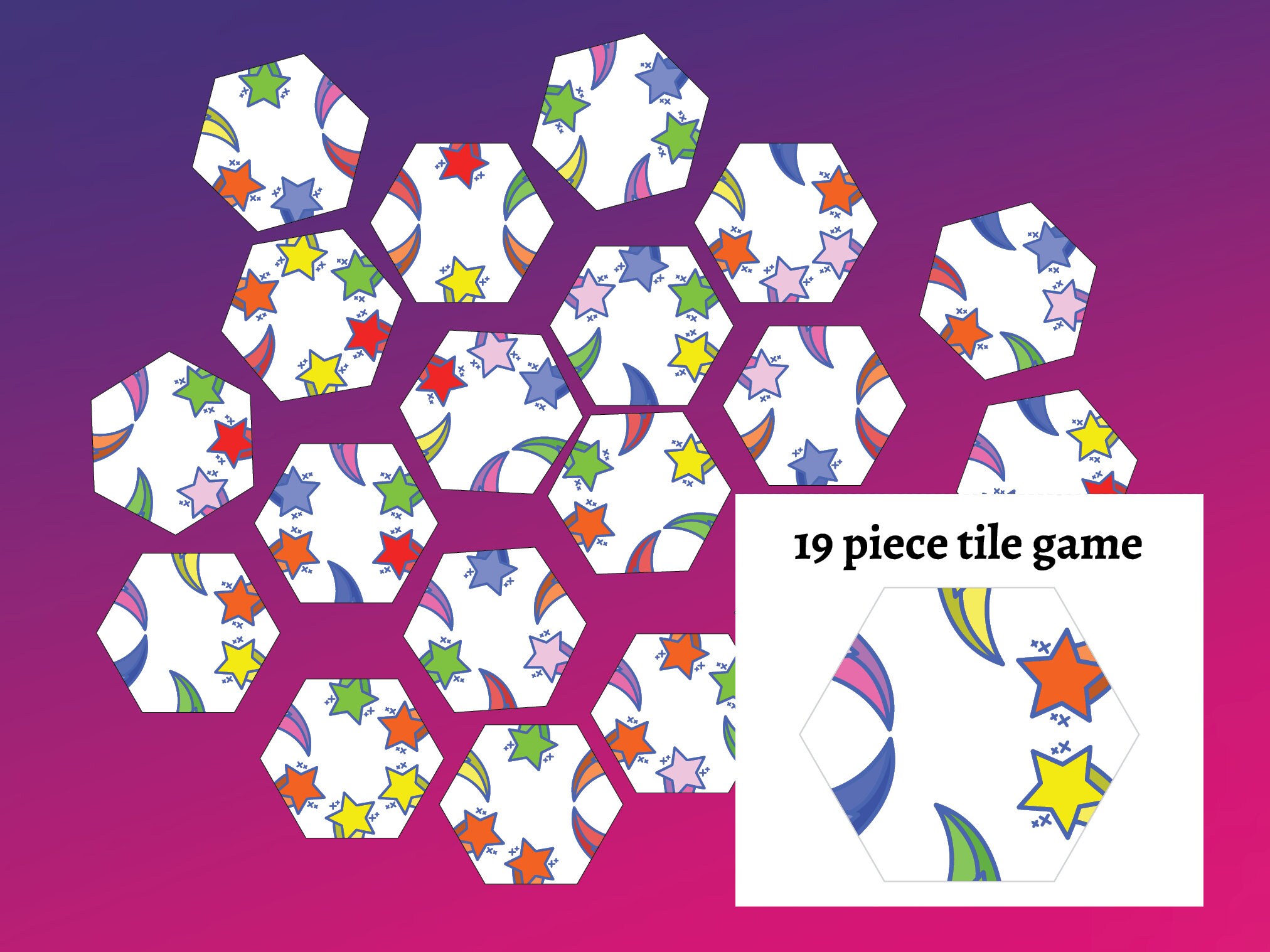 Printable Hexagon 19 Tile Puzzle Game With Shooting Star Pattern ...