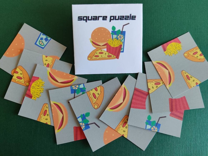 Printable Party Game | Fast Food Puzzle 3x3 | Food Themed Finding ...