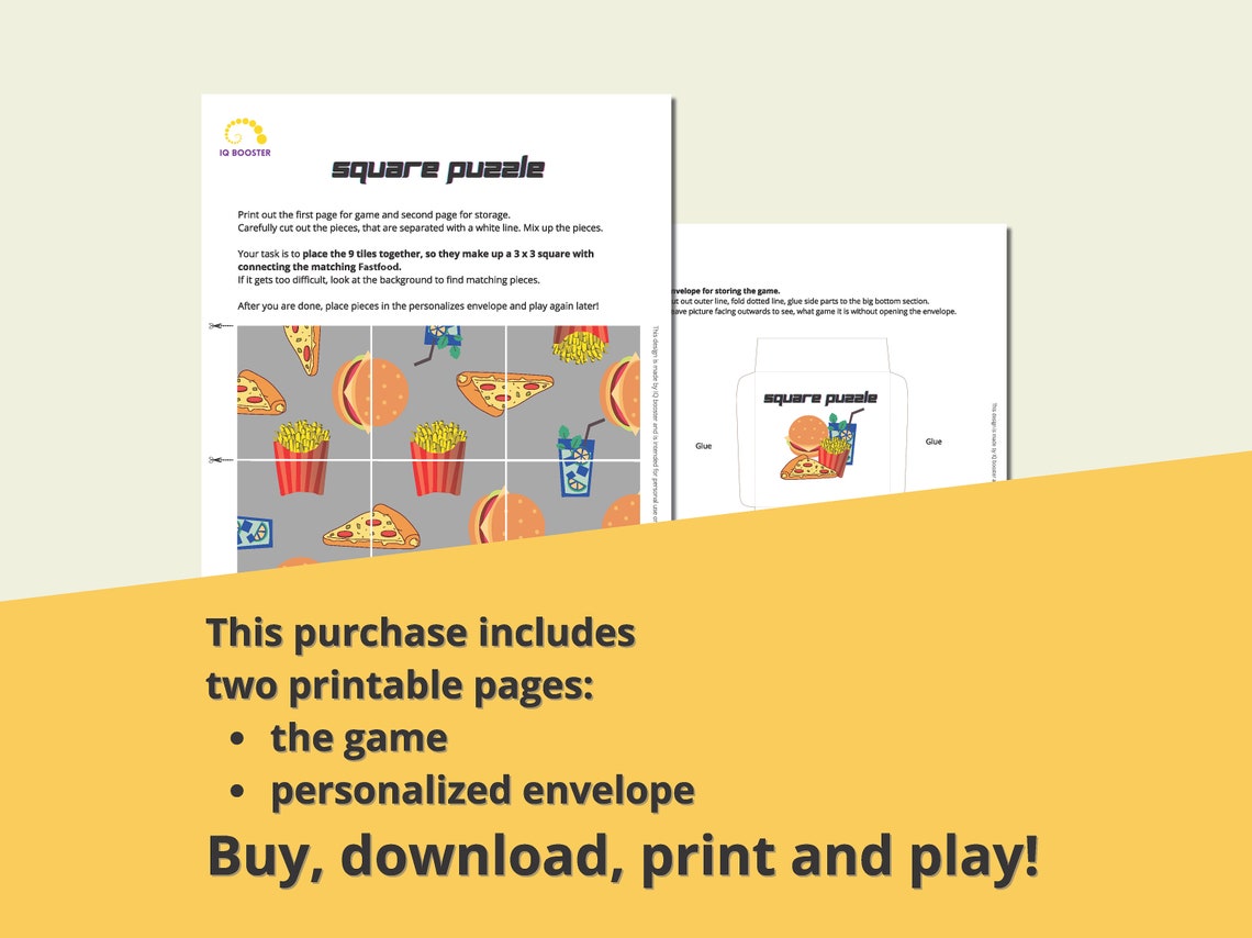 Printable Party Game Fast Food Puzzle 3x3 Food Themed Finding Matches ...