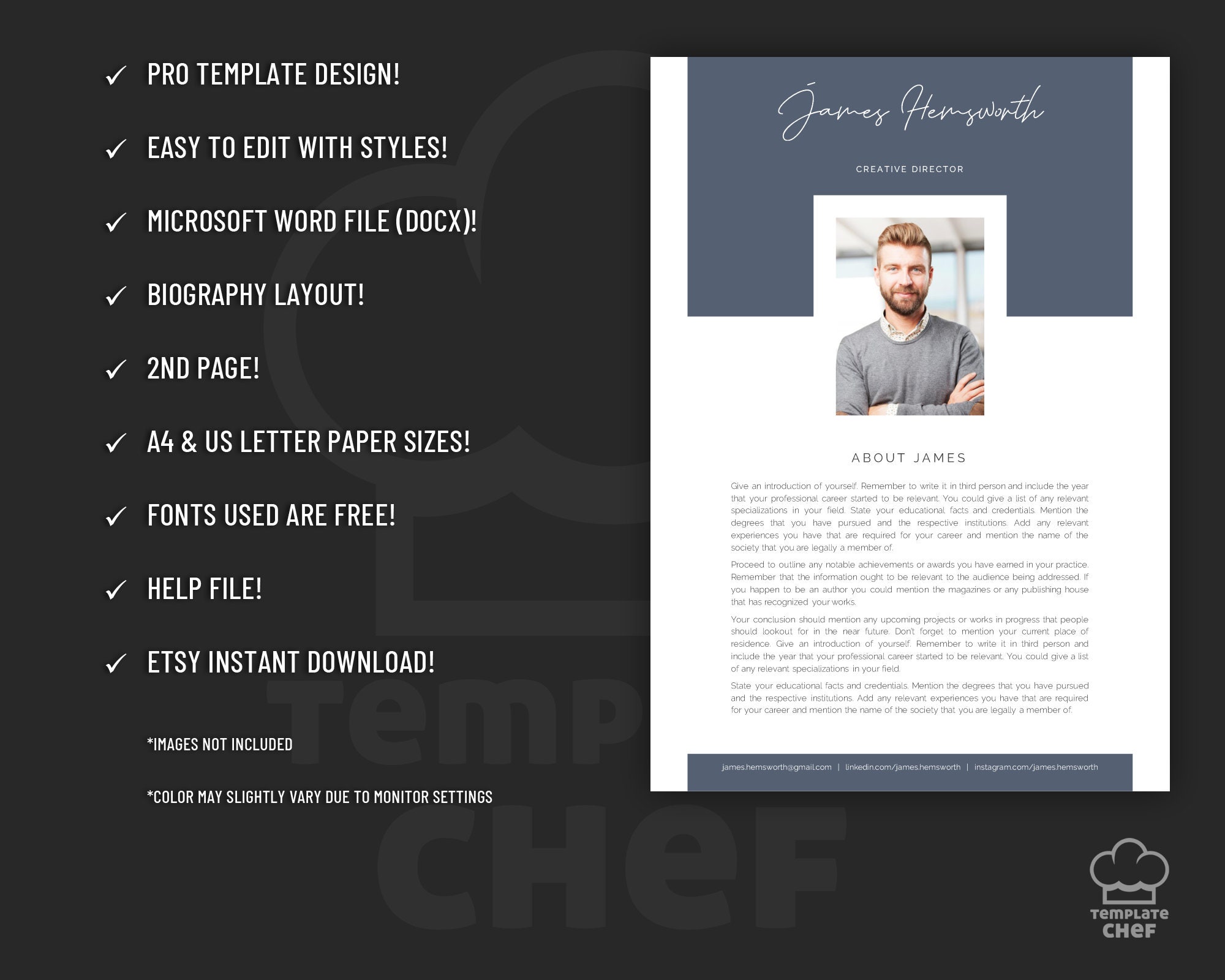 Modern, Executive and Professional Biography Resume Template Design for ...