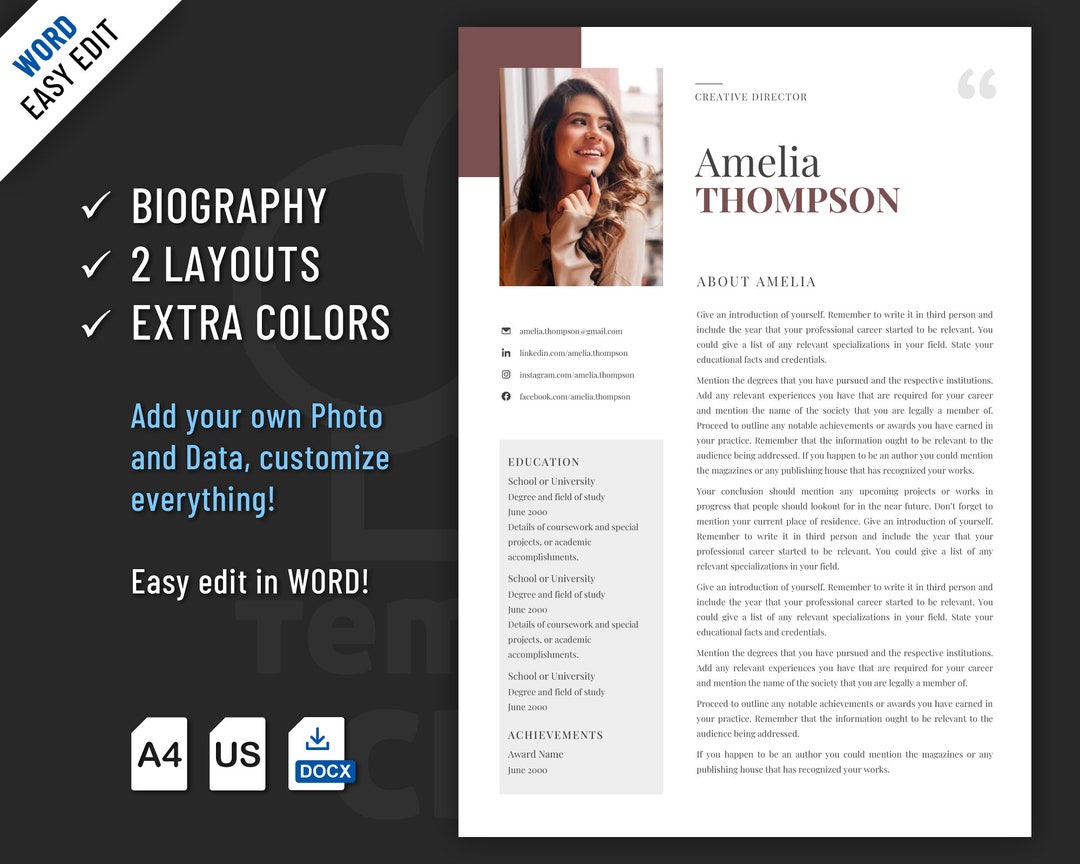Creative Modern and Professional Biography Resume Template - Etsy