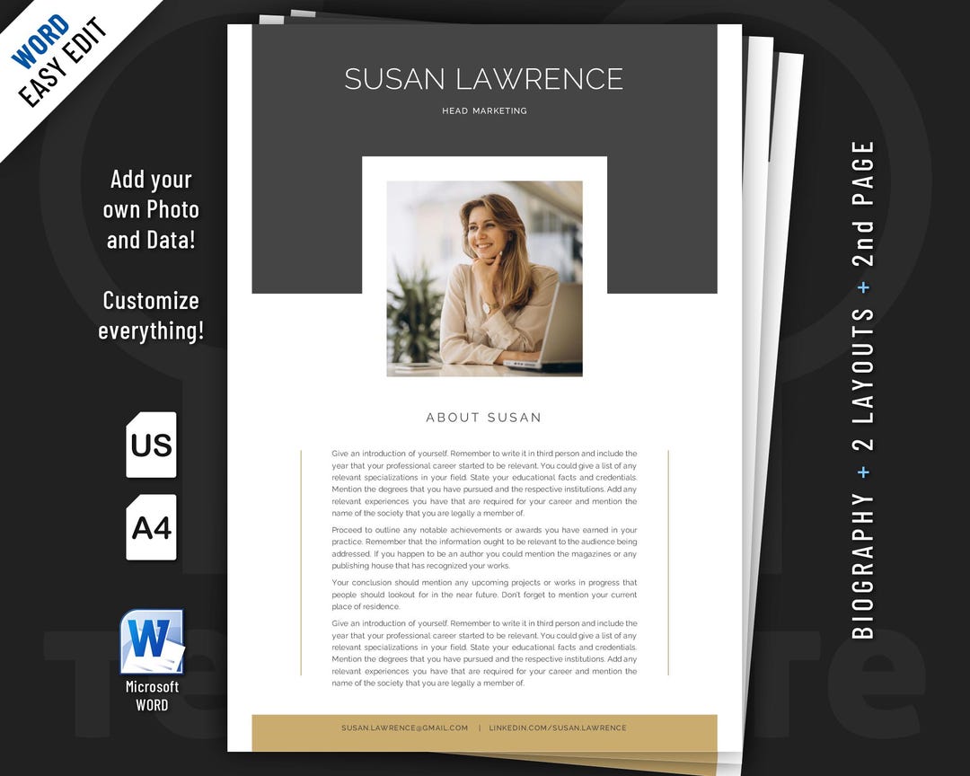 Biography Template With Modern Design for Word. Included Are 2 ...